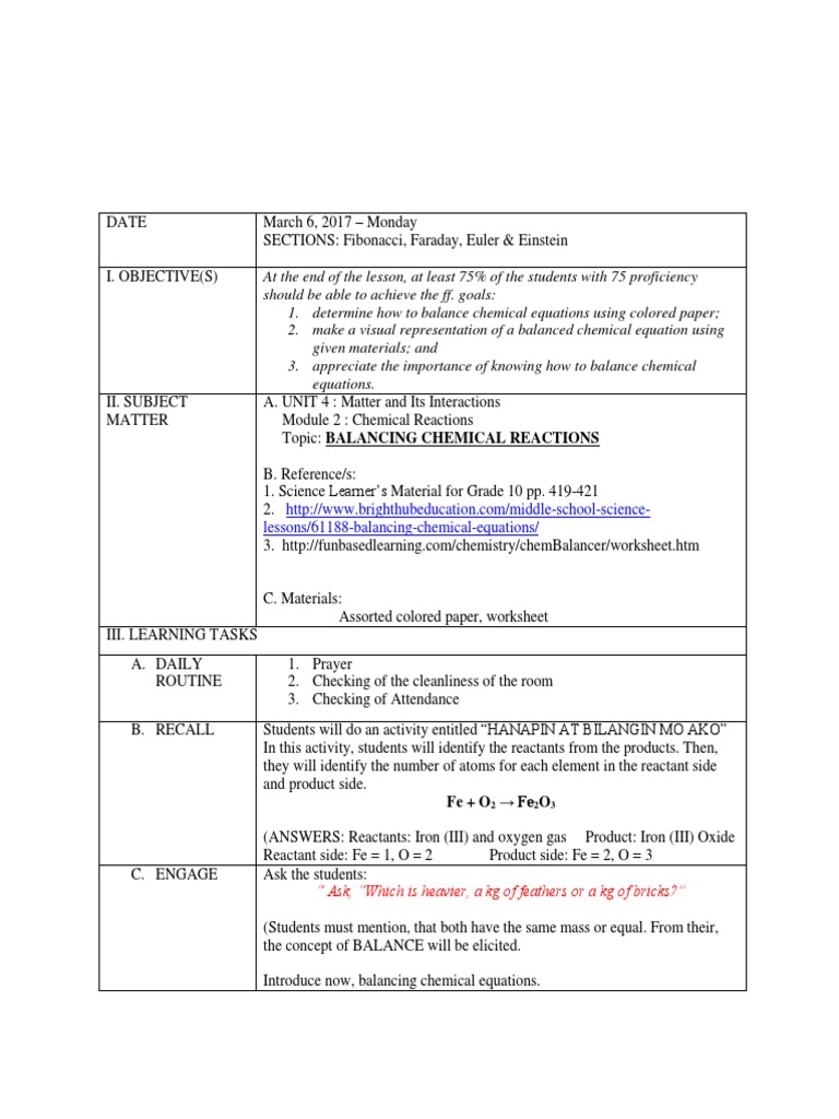 Grade 10 Balancing Chemical Equations Lesson | PDF | Chemistry ...