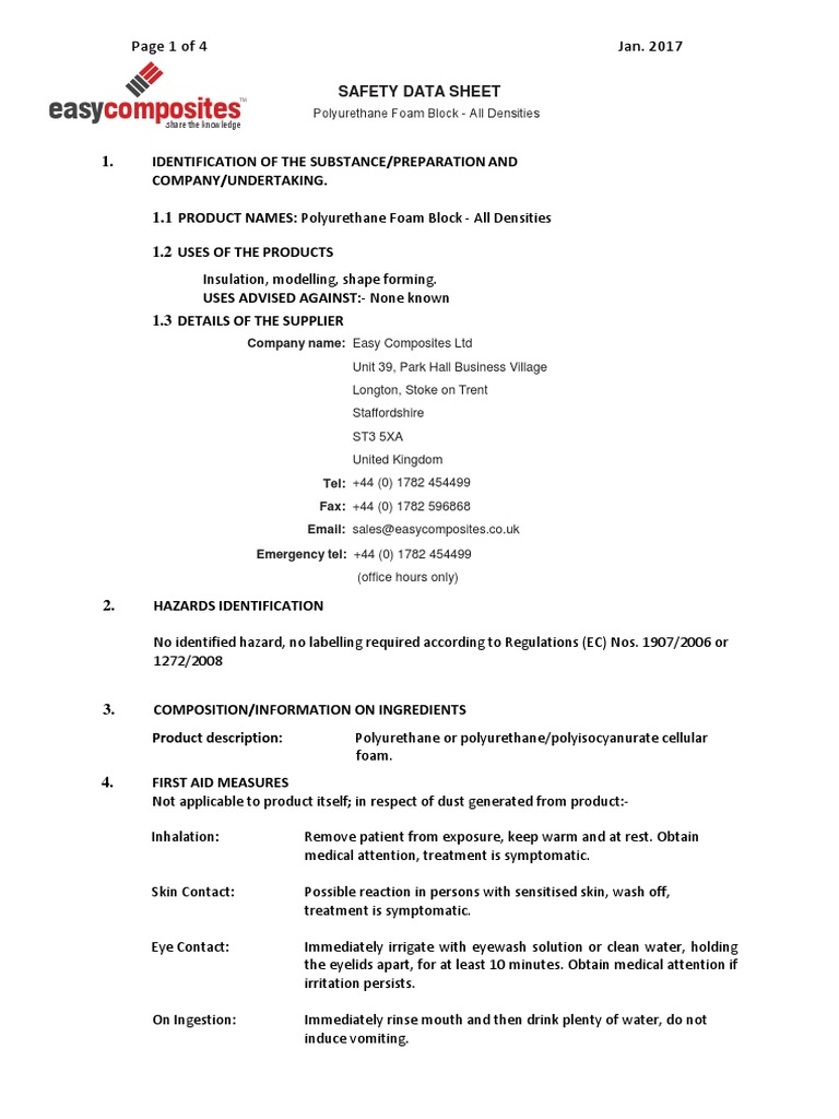 EC SDS PU Foam Block All Densities | PDF | Carbon Dioxide | Toxicity