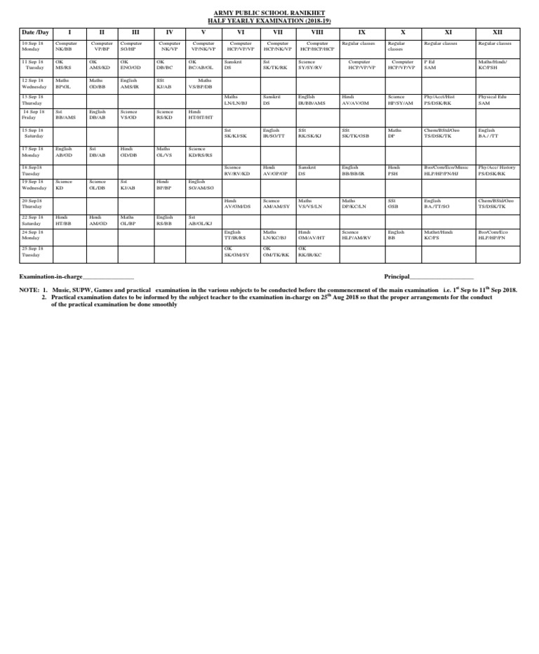 Half Yearly Examination Schedule for Army Public School Ranikhet ...