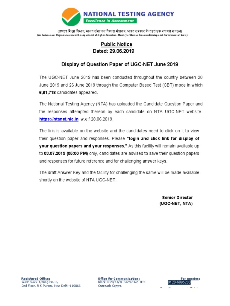 Public Notice Dated: 29.06.2019 Display of Question Paper of UGC-NET ...