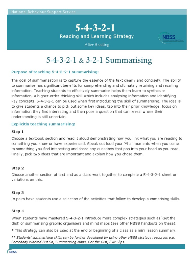 5-4-3-2-1 3-2-1 Summarising: Reading and Learning Strategy | PDF ...