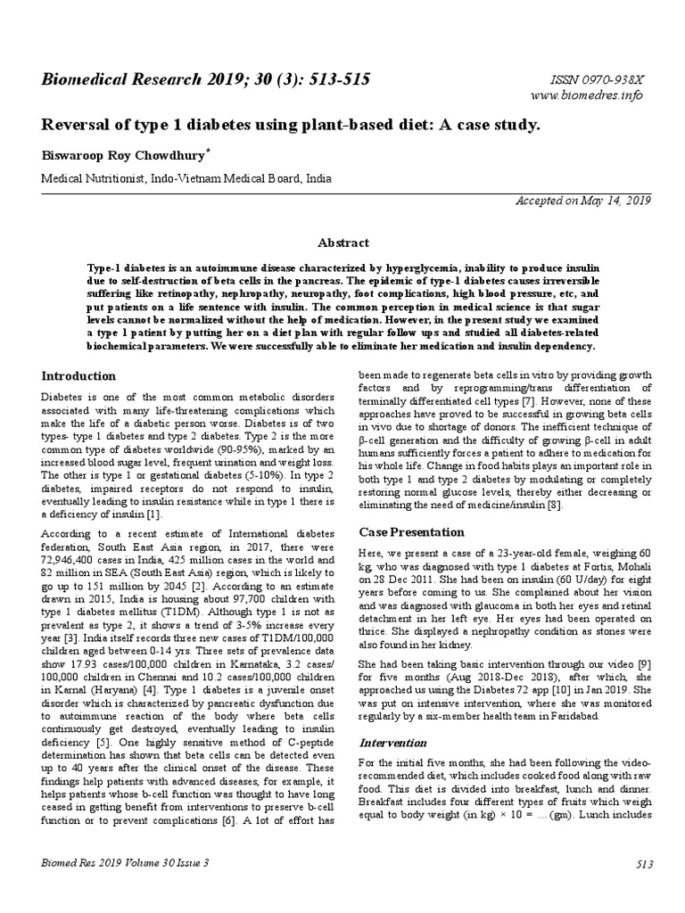 Reversal of Type 1 Diabetes Using Plant-Based Diet: A Case Study | PDF ...