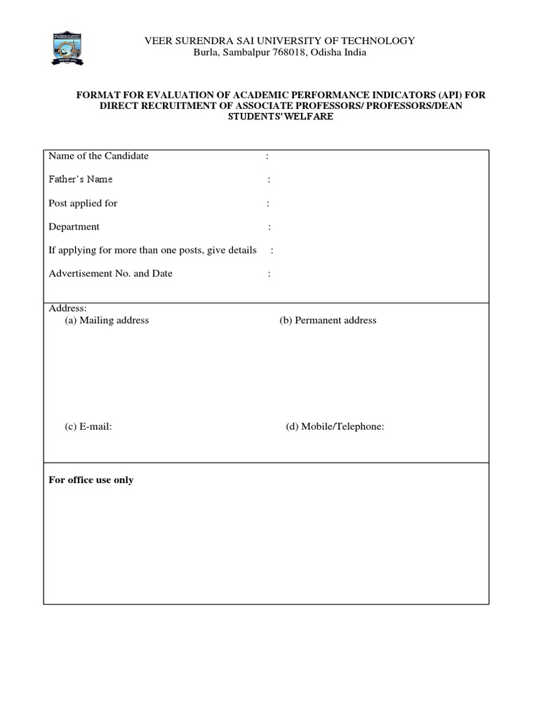 Format For Evaluation of Academic Performance Indicators (Api) For ...