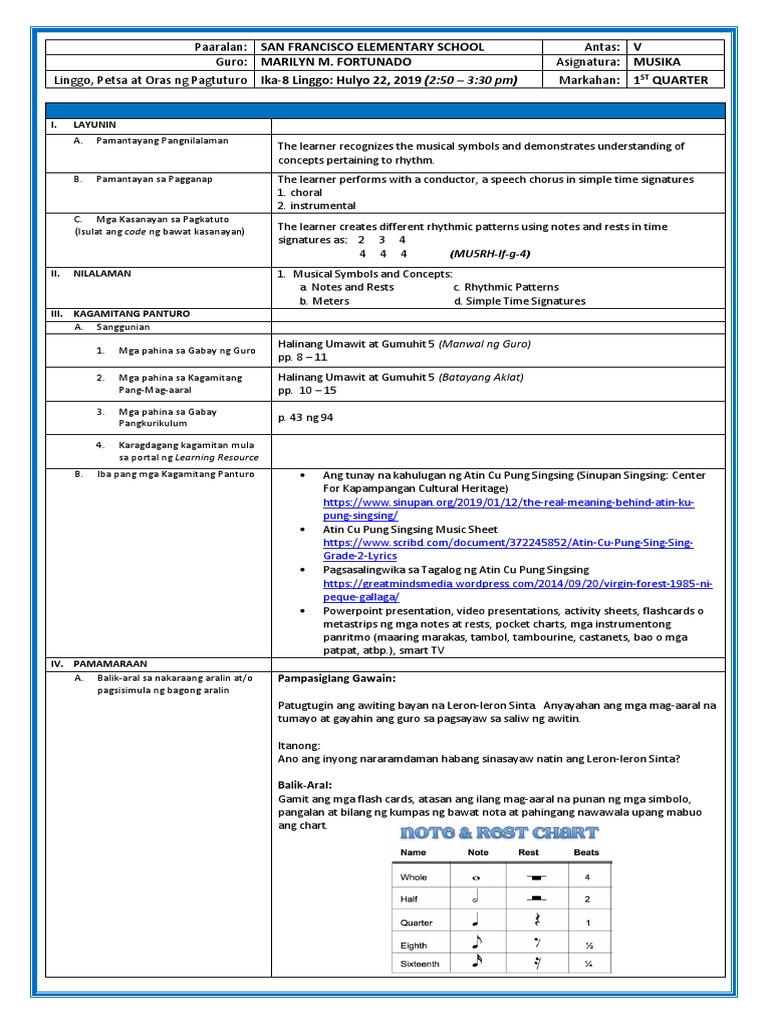 COT Lesson Plan Music 5 - Quarter 1 | PDF