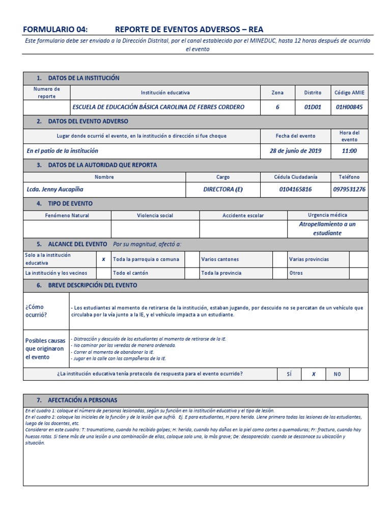 F4-Reporte de Eventos Adversos (28 de Junio - 19) | PDF | Herida | Lesión