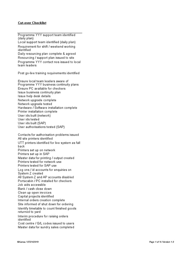 SAP Cutover Checklist | PDF | Receipt | Printer (Computing)