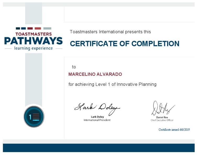 Certificate of Completion: Toastmasters International Presents This | PDF