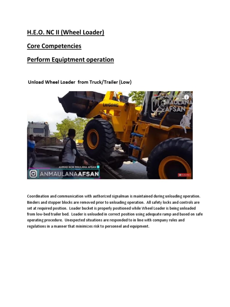 H.E.O. NC II (Wheel Loader) Core Competencies Perform Equiptment ...