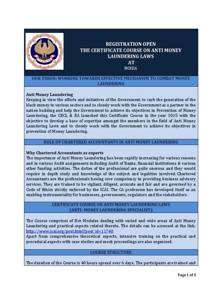 Registration Open The Certificate Course On Anti Money Laundering Laws ...