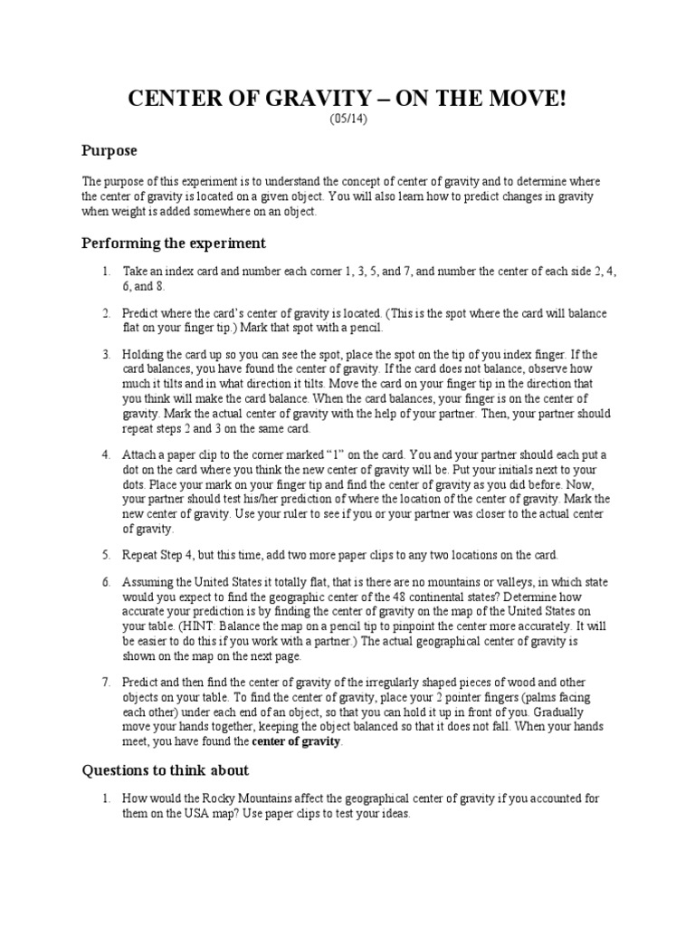 Center of Gravity - On The Move!: Purpose | PDF | Gravity | Weight