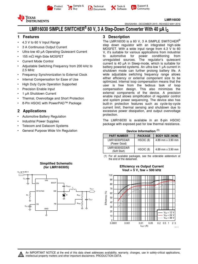 LMR16030 SIMPLE SWITCHER® 60 V, 3 A Step-Down Converter With 40 μA IQ | Download Free PDF ...