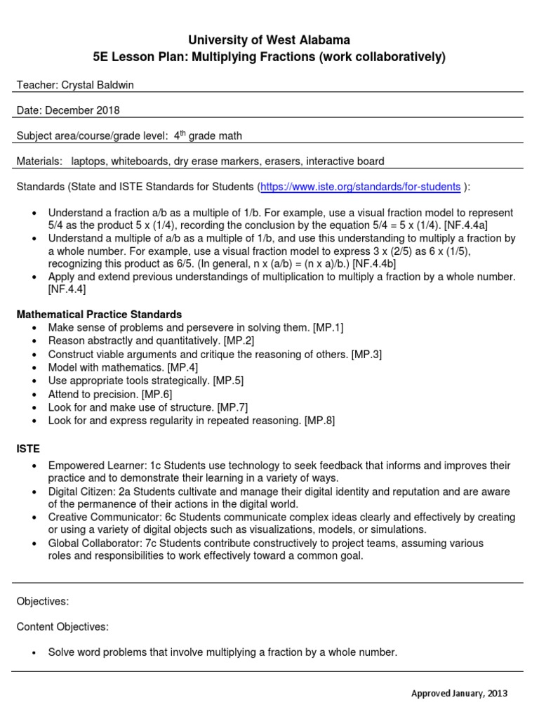 Baldwin Multiplying Fractions 5e Lesson Plan | PDF | Educational ...