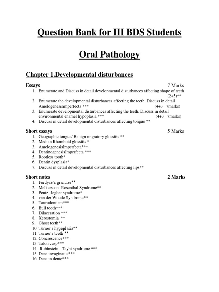 Question Bank For III BDS Students Oral Pathology: Chapter 1 ...