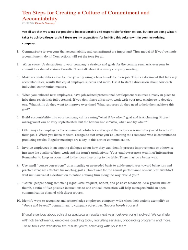 Ten Steps For Creating A Culture of Commitment and Accountability | PDF ...