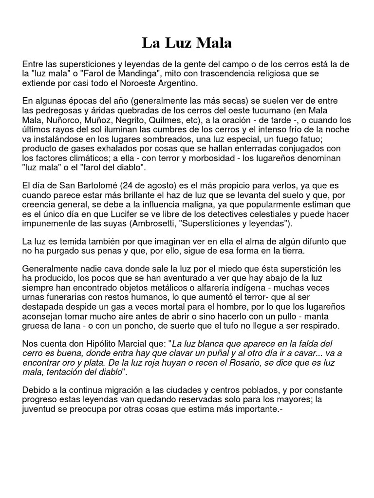La leyenda de la Luz Mala en el Noroeste Argentino | PDF