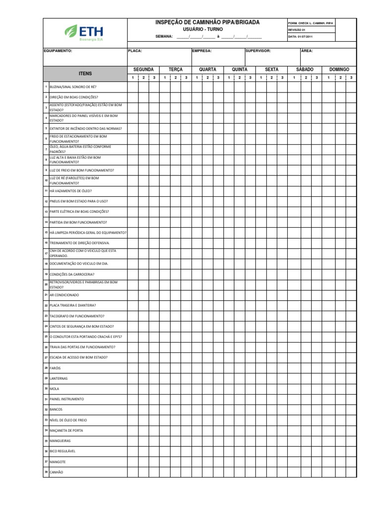 Inspeção semanal de caminhão pipa para brigada de incêndio | PDF ...