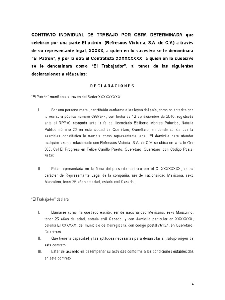 Contrato Individual de Trabajo Por Obra Determinada | PDF | Salario | México