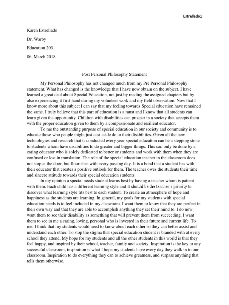 Karen Estrellado Post Philosophy Statement | PDF | Special Education ...