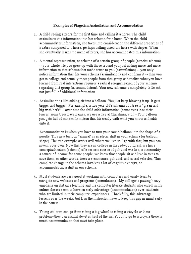 Examples of Piagetian Assimilation and Accommodation | PDF | Schema ...