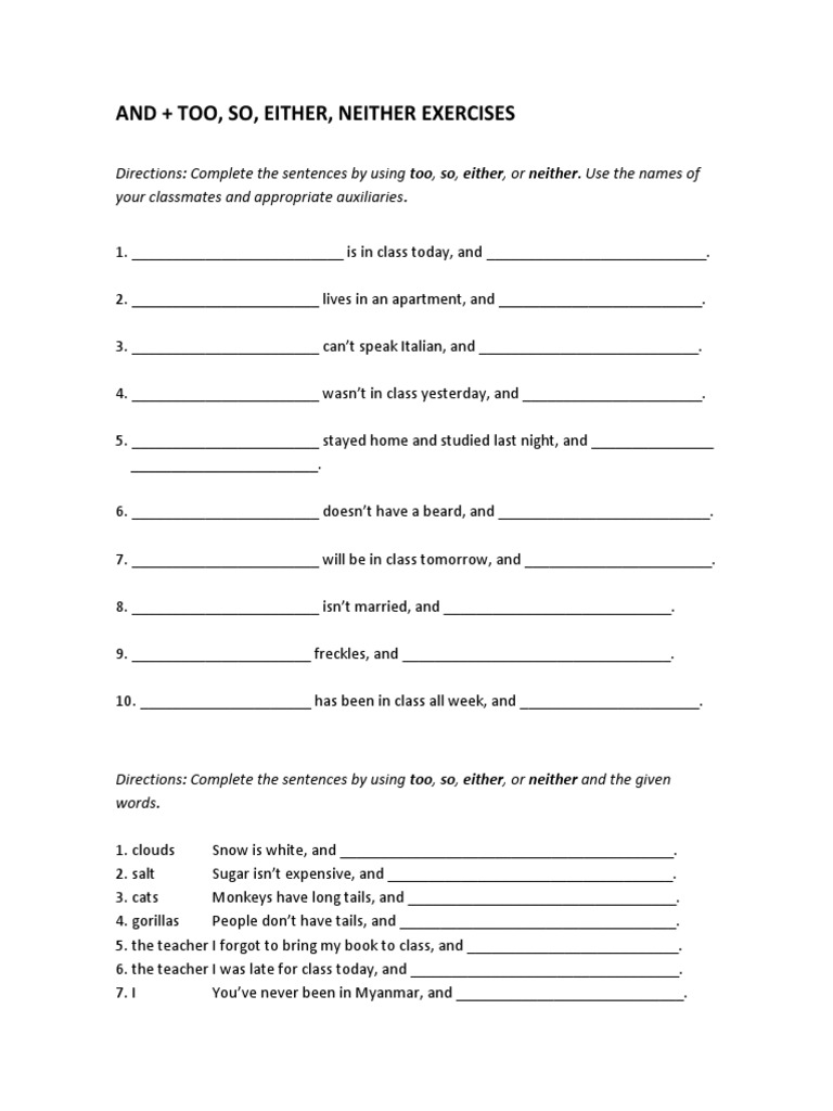 And Too So Either Neither Exercises | PDF