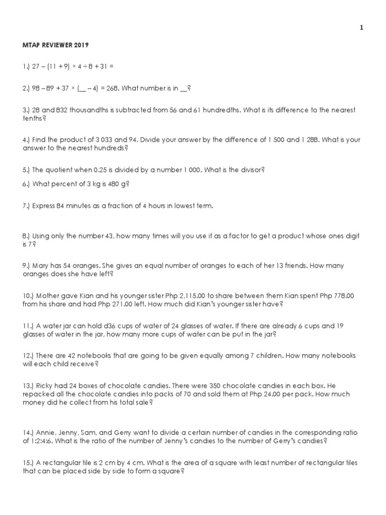 Mtap Reviewer Grade 5 Set 1-9 2019 | PDF | Area | Triangle
