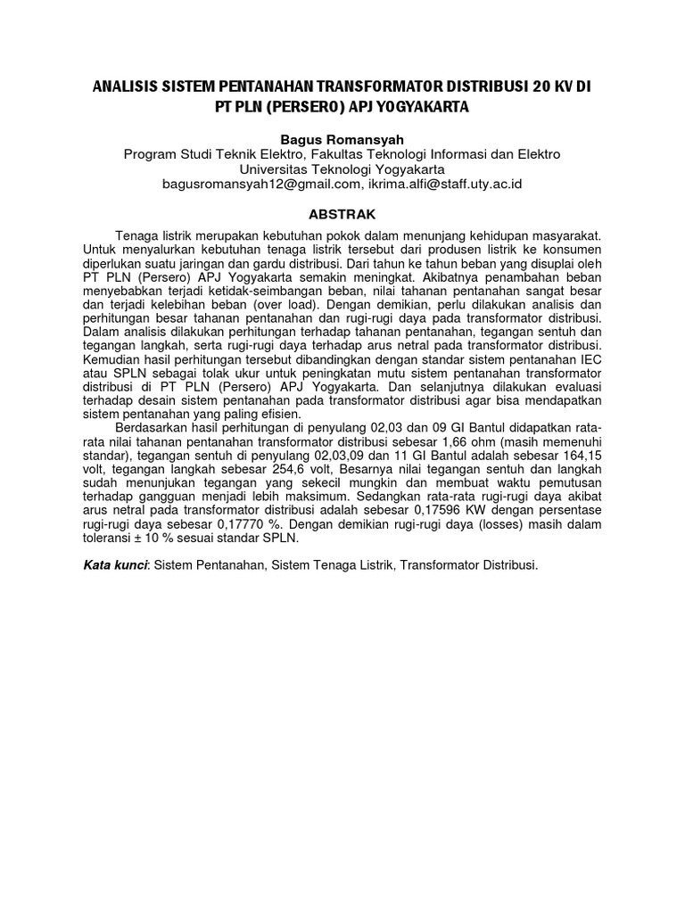 Analisis Sistem Pentanahan Transformator Distribusi 20 KV Di PT PLN (Persero) Apj Yogyakarta | PDF