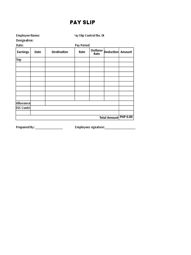 Pay Slip: Employee Name: Pay Slip Control No. 00 Designation: Date: Pay ...