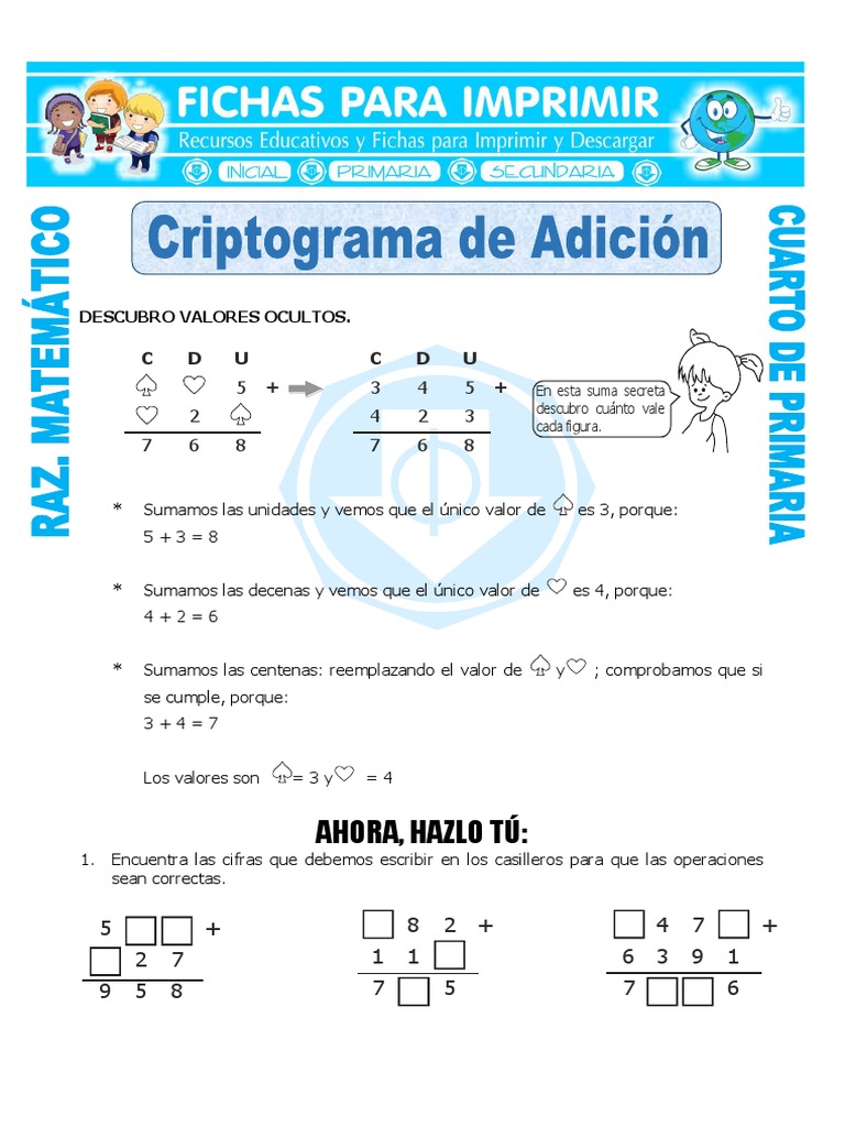 Criptograma de Adición Para Cuarto de Primaria | Números | Física y matemáticas