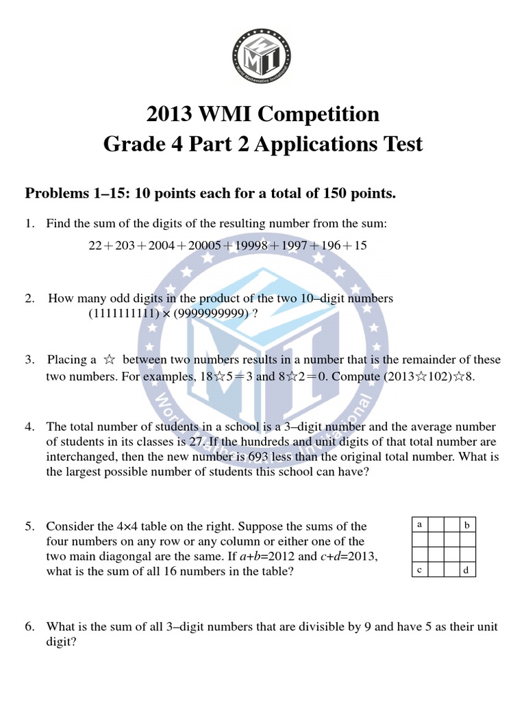 2013 Grade 4 WMI Competition Problems | PDF | Numbers | Mathematical ...
