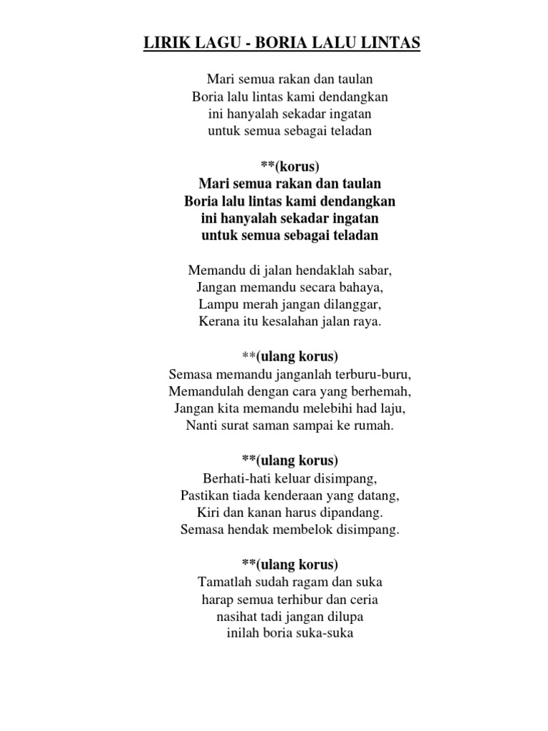 Lirik Lagu Boria Lalu Lintas | PDF