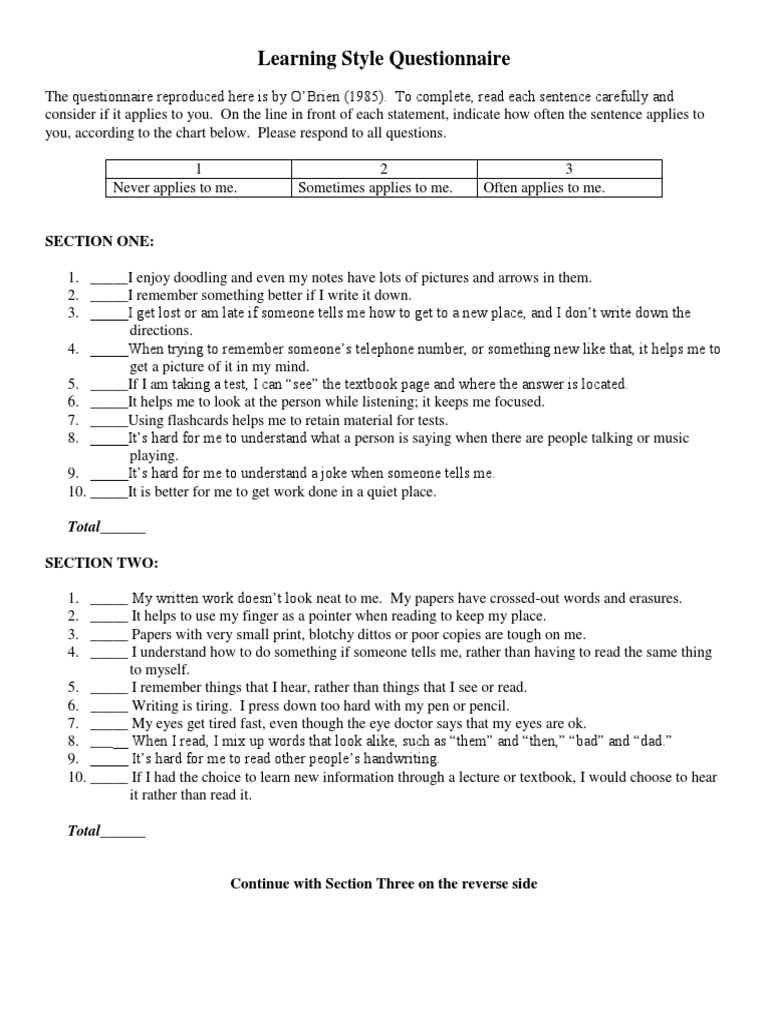 Learning Style Questionnaire | PDF | Learning Styles | Learning