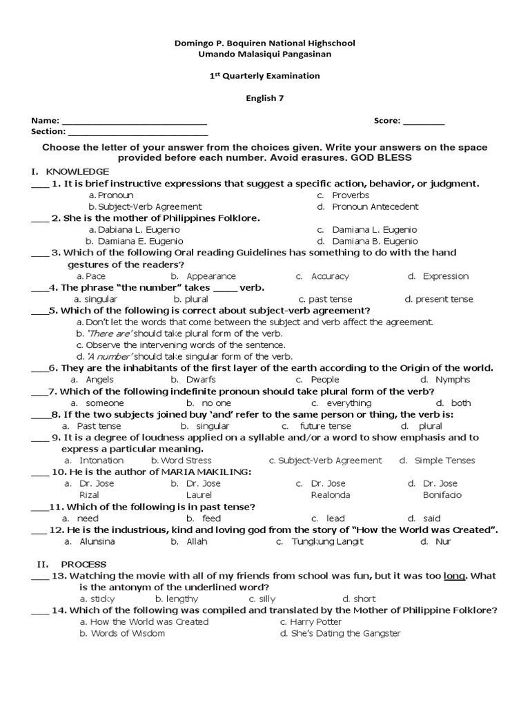 1st Quarterly English Examination for Grade 7 Students | PDF | Adam | Verb