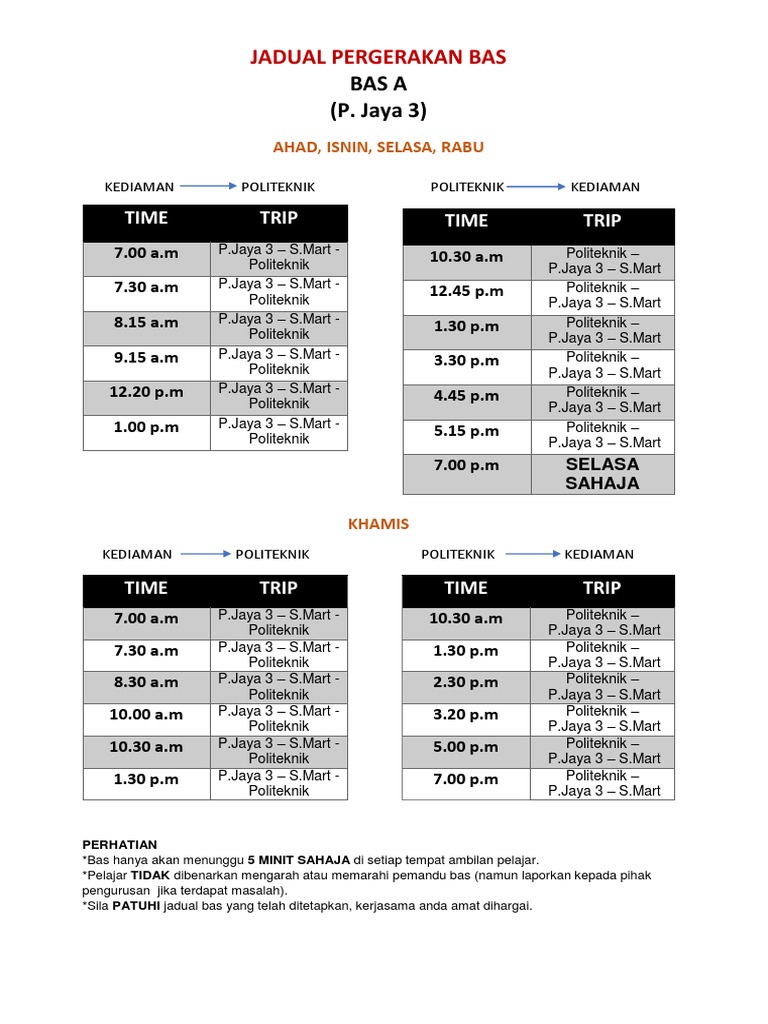 Jadual Pergerakan Bas: Bas A (P. Jaya 3) | PDF