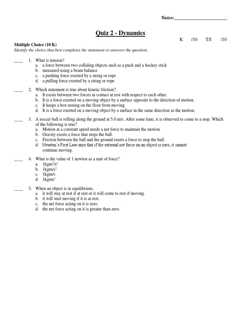 Quiz 2 Dynamics | PDF | Force | Spacetime