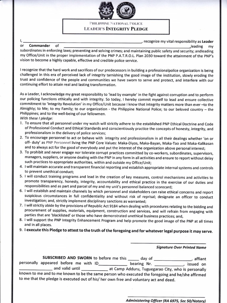Integrity Pledge | PDF | Integrity | Police