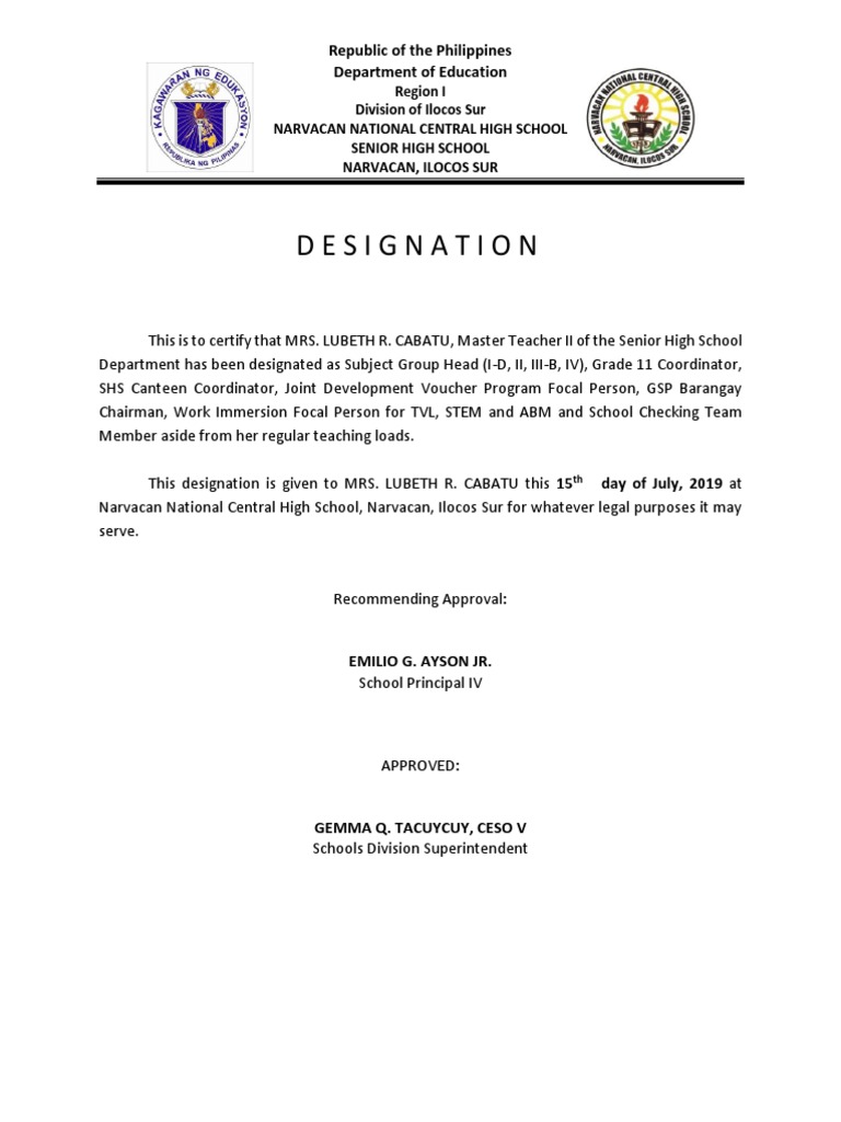 Teacher Designation Certificates 2019 | PDF | Government | Philippines