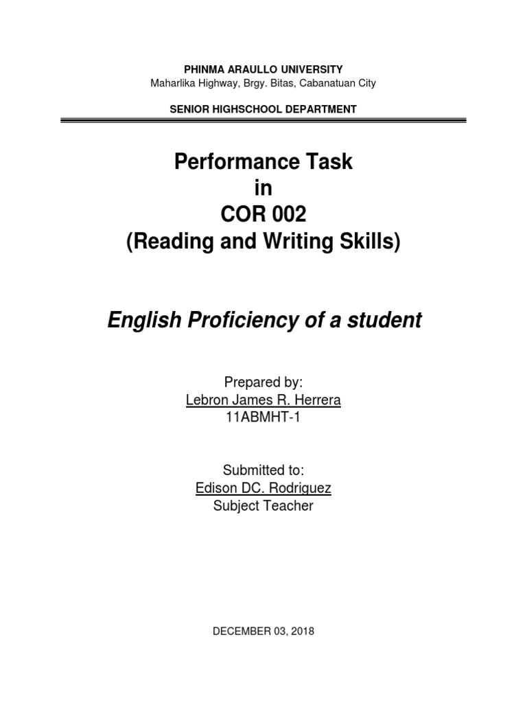 Performance Task in COR 002 (Reading and Writing Skills) : English ...