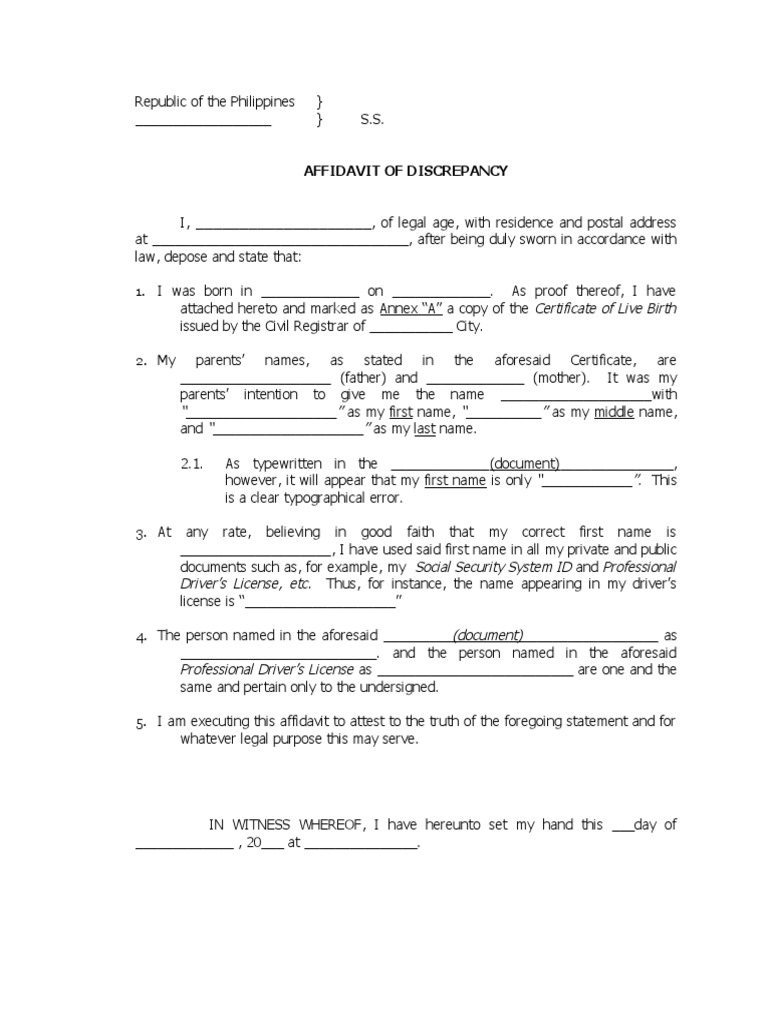 Sample Affidavit Discrepancy | PDF | Affidavit | Government Information