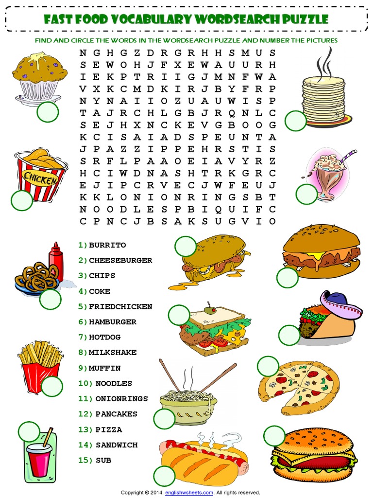 Fast Food Puzzle Worksheet PDF | PDF | Word Search | Games Of Mental Skill