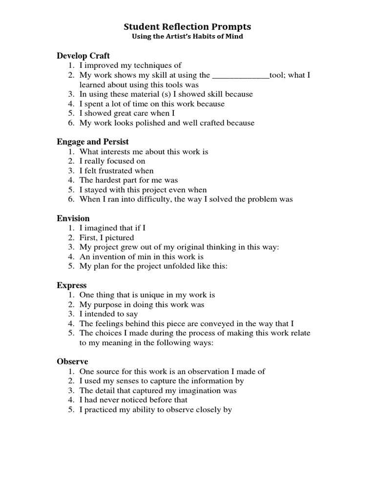 Studio Habits Reflection Prompts | PDF | Mind | Thought