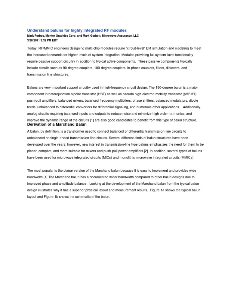 Marchand Balun Design for RF Applications | PDF | Coaxial Cable ...