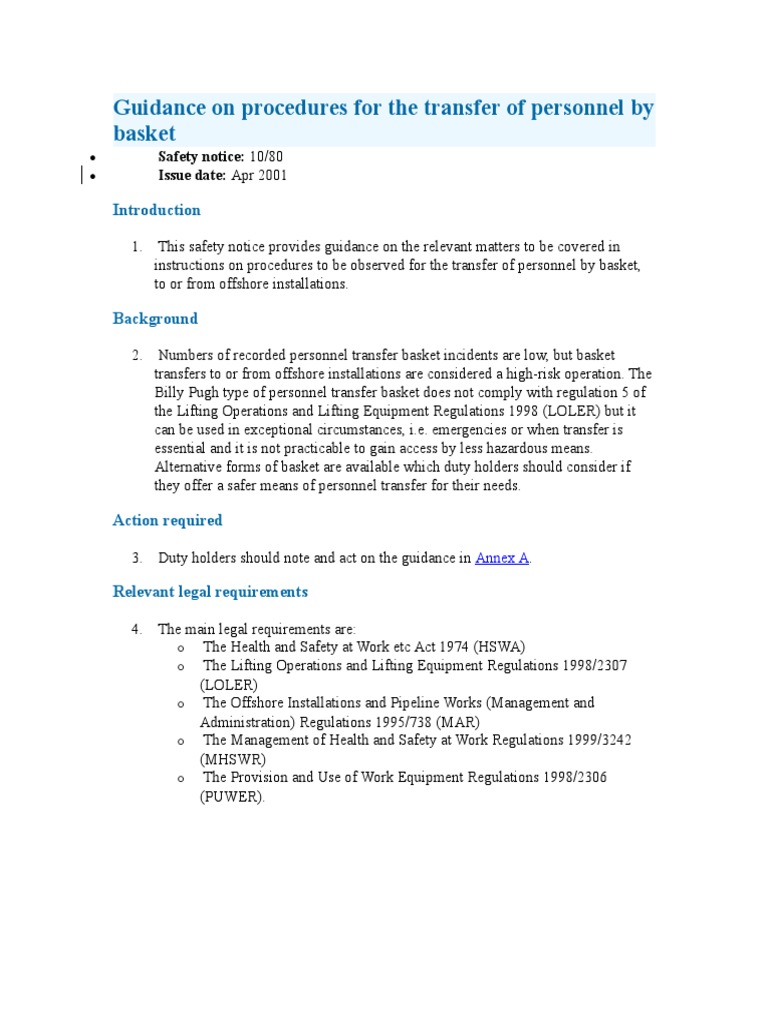 Guidance On Procedures For The Transfer of Personnel by Basket | PDF ...