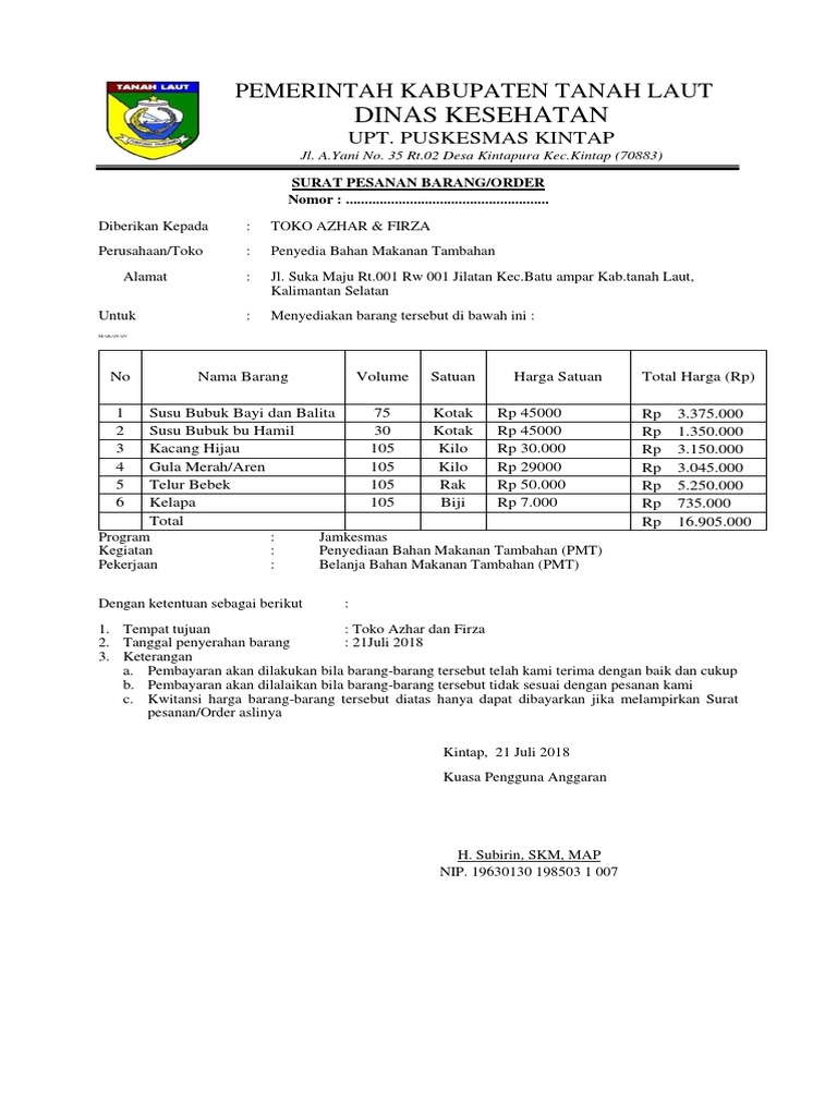 Surat Pemesanan PMT | PDF