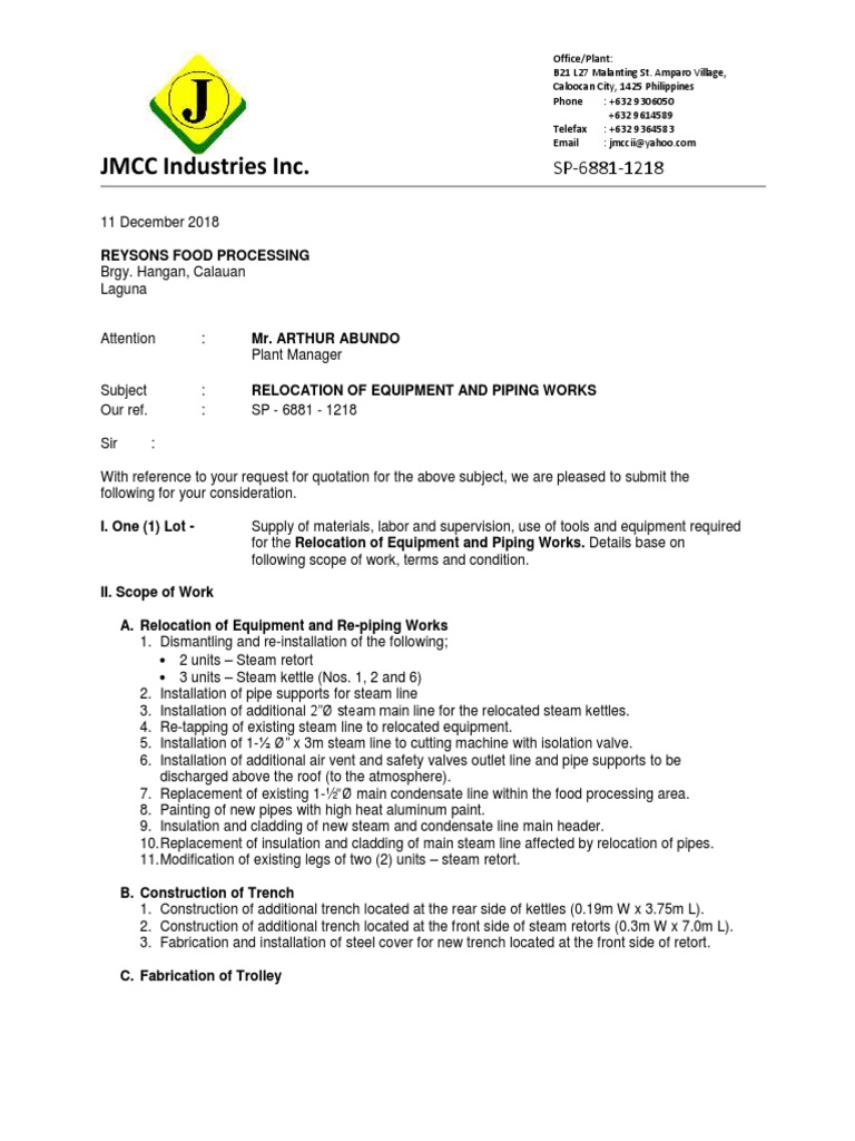 JMCC Industries Inc.: Reysons Food Processing | PDF | Pipe (Fluid ...