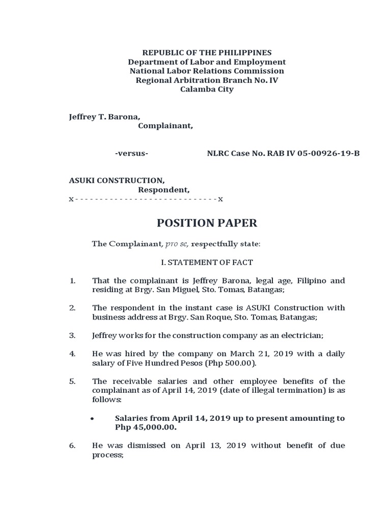 Position Paper Labor | PDF | Employment | Labour Law