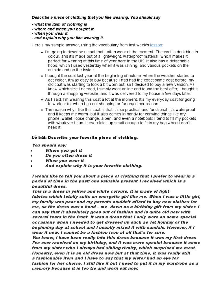 Describe A Piece of Clothing That You Like Wearing | PDF | Clothing ...