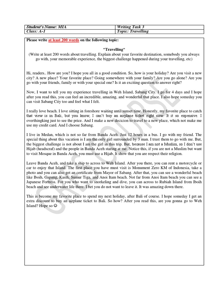 Student's Name: MIA Writing Task 3 Class: A-1 Topic: Travelling | PDF