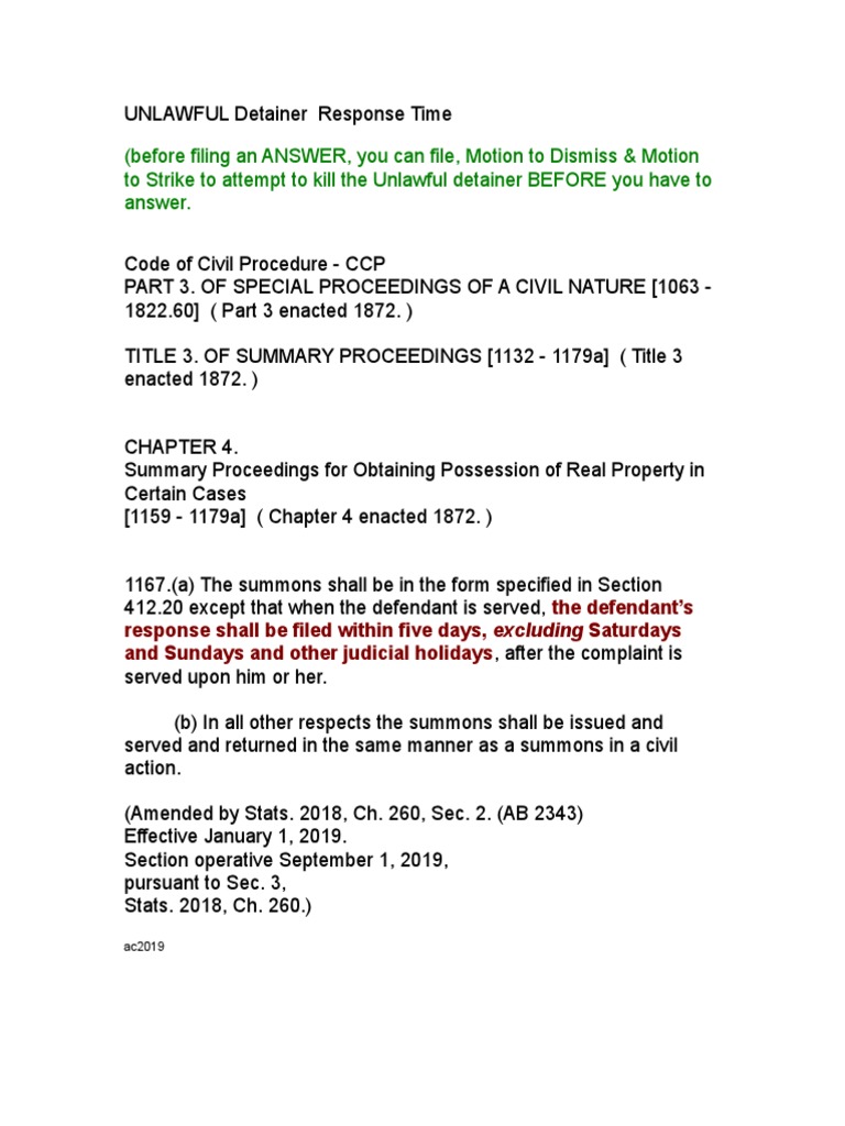 UNLAWFUL Detainer Response Time - California | PDF