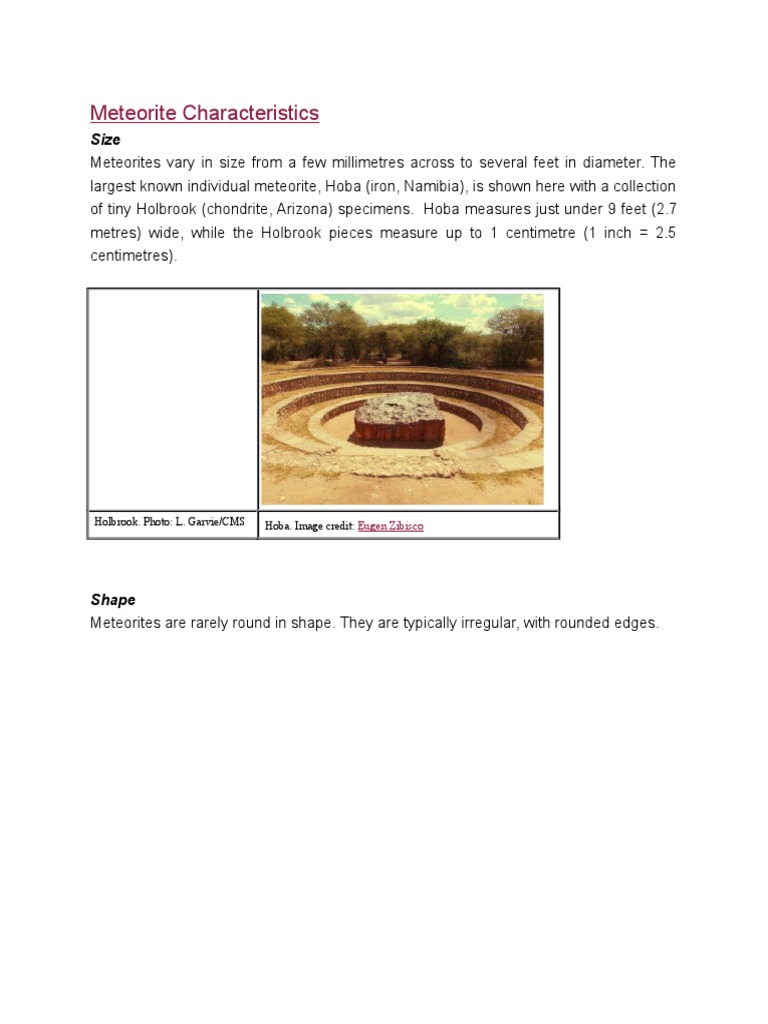 Meteorite Characteristics: Holbrook. Photo: L. Garvie/CMS Hoba. Image ...