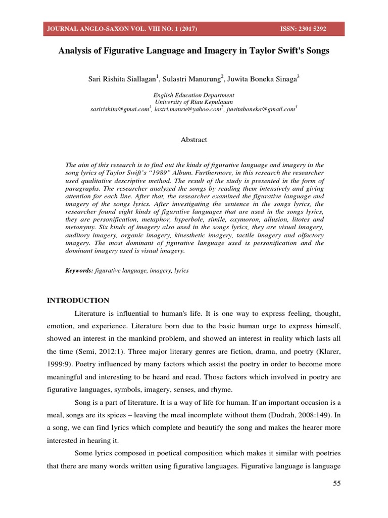 Analysis of Figurative Language and Imagery in Taylor Swift's Songs ...